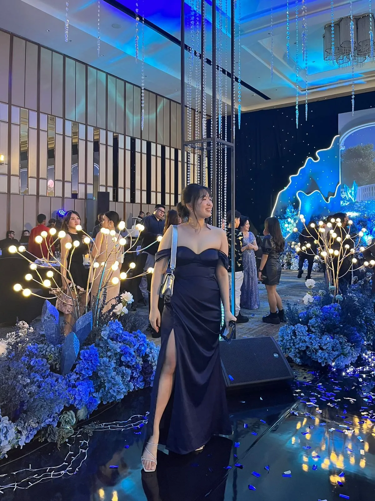 Sewa - Drapey off-shoulder satin evening gown with slit in navy | Rent ...